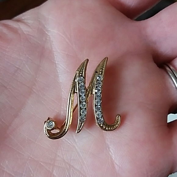 Vintage | Jewelry | Vintage Gold Letter M Pin W Crystals | Poshmark